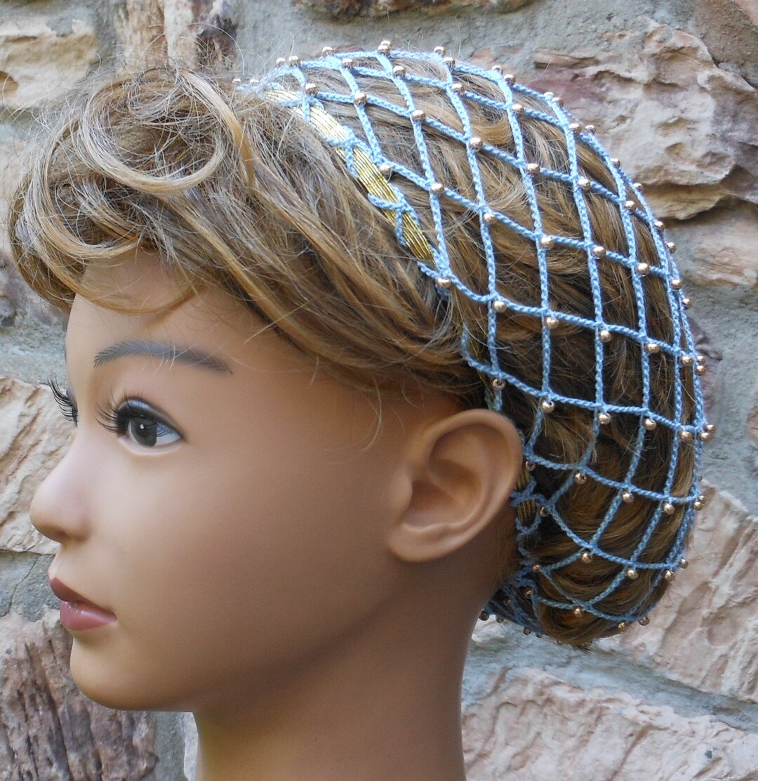SHORT HAIR Beaded Delft Blue Hair Snood With Czech Metal Gold Beads ...