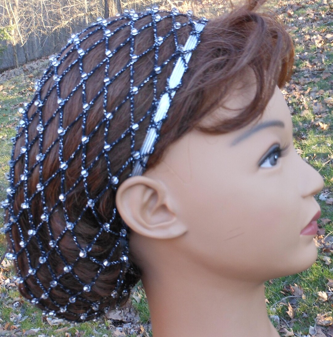 Hair 1-2 Inches BELOW the Shoulders Beaded Hair Snood Black & Silver ...