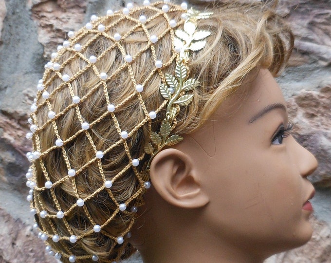 SHORT HAIR Metallic Gold Hair Snood With Pearl Beads With Gold - Etsy