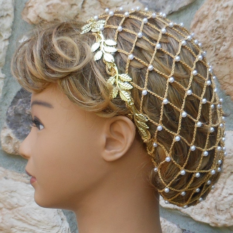SHORT HAIR Metallic Gold Hair Snood With Pearl Beads With Gold Metal ...