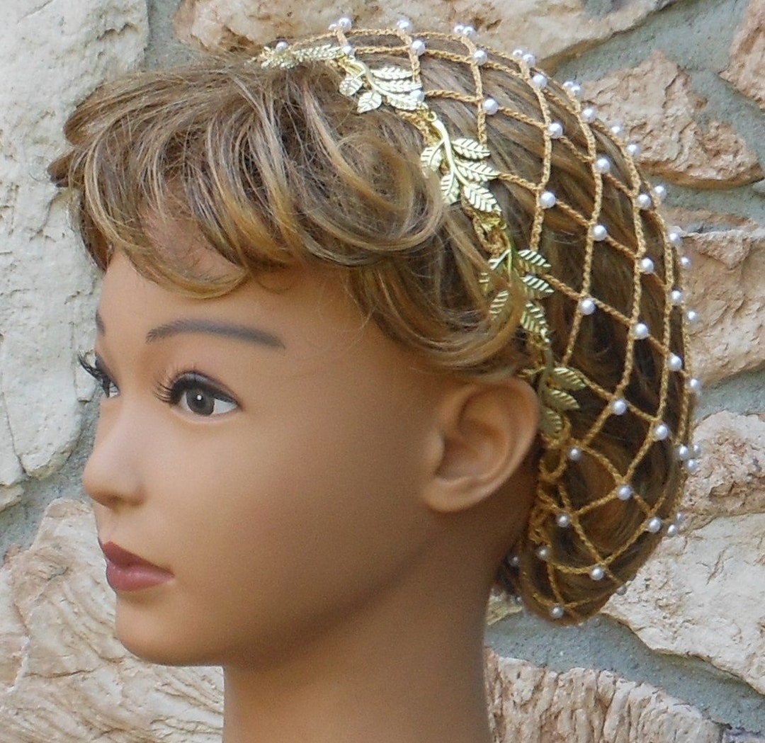 SHORT HAIR Metallic Gold Hair Snood With Pearl Beads With Gold Metal ...