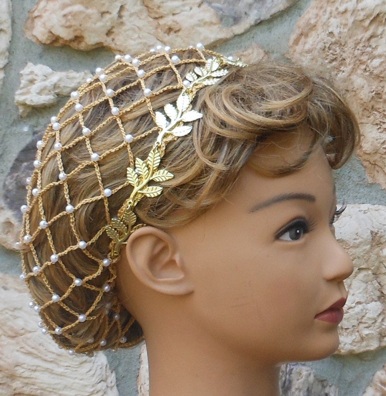 SHORT HAIR Metallic Gold Hair Snood With Pearl Beads With Gold Metal ...