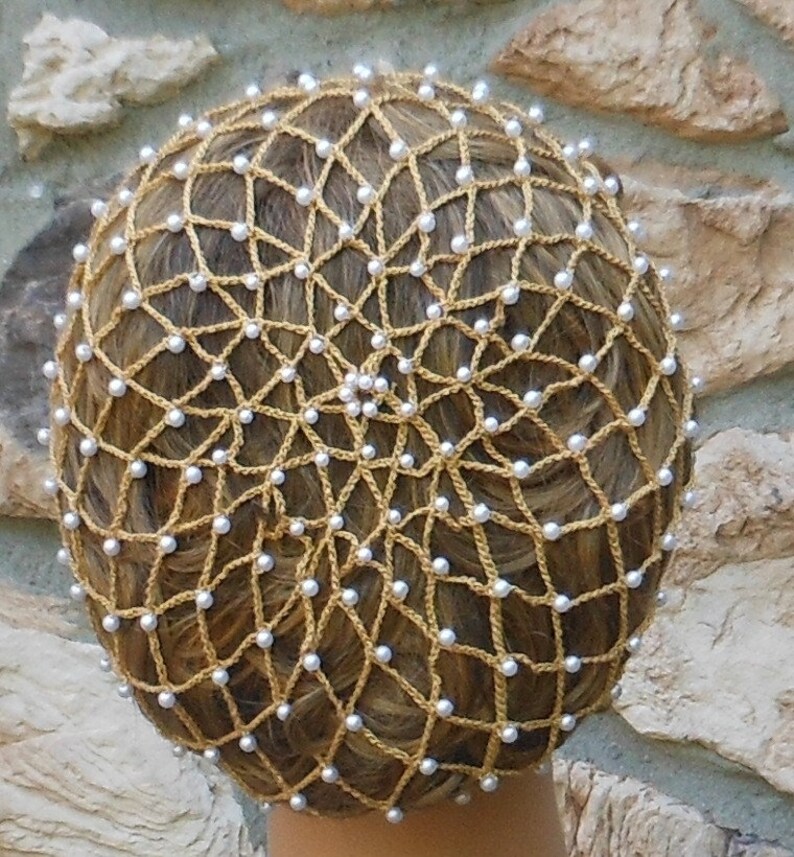 SHORT HAIR Metallic Gold Hair Snood With Pearl Beads With Gold Metal ...