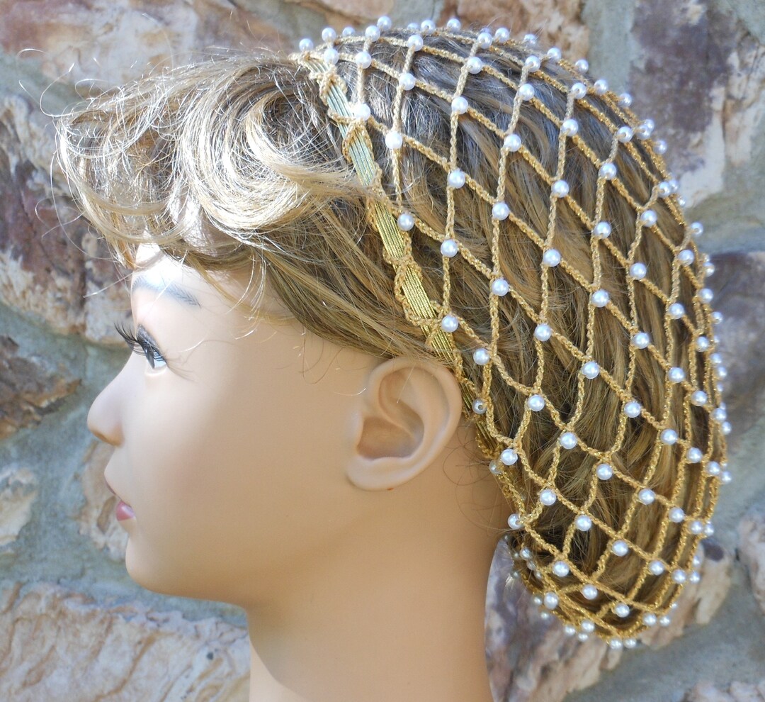 SHORT HAIR Metallic Gold Hair Snood With Pearl Beads - Etsy
