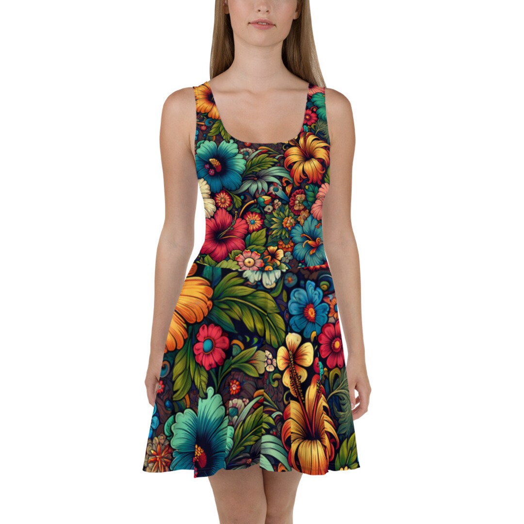 Summer Floral Skater Dress Vibrant Colors Etsy