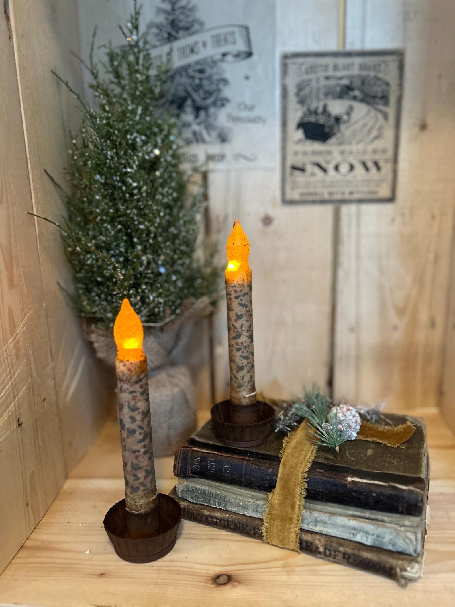 Primitive Holly Berry Battery Operated Timer Taper Candle With Holder ...