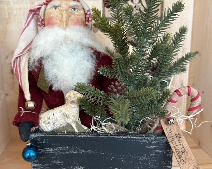 Primitive Clay Face Santa Doll and Sheep Primitive Wood Box Holiday ...