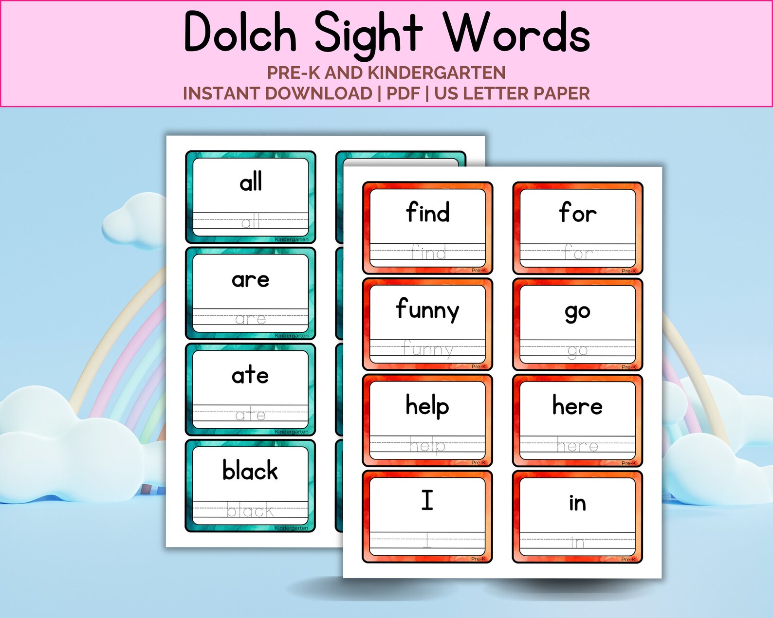 Sight Words Flash Cards - Pre-k & Kindergarten Flashcards - Dolch - PDF ...