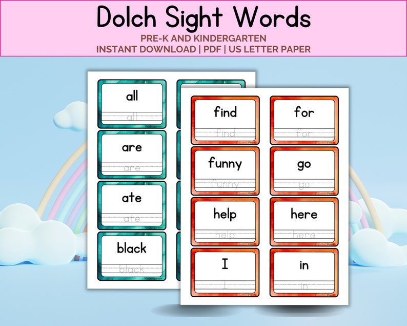 Sight Words Flash Cards - Pre-k & Kindergarten Flashcards - Dolch - PDF ...