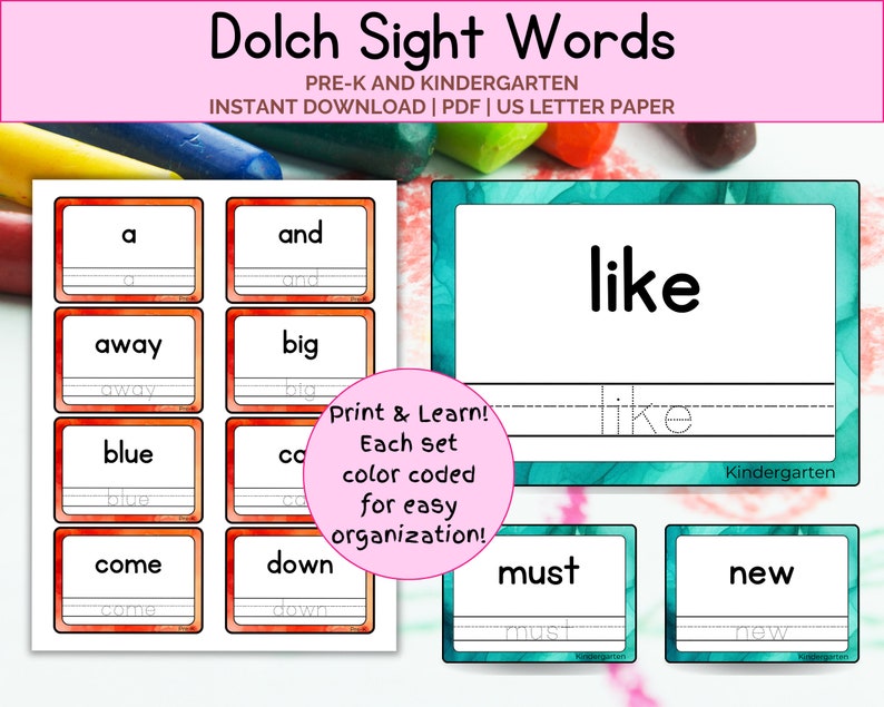 Sight Words Flash Cards - Pre-k & Kindergarten Flashcards - Dolch - PDF ...