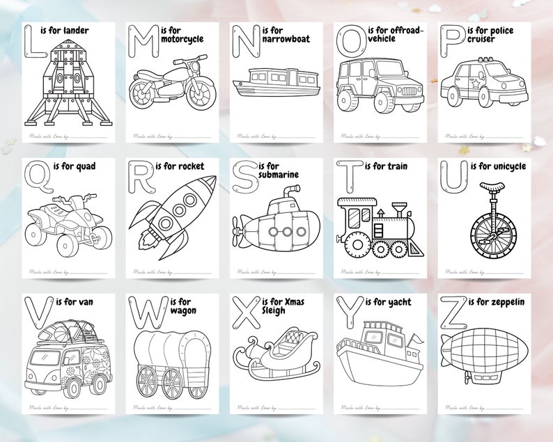 ABC Coloring Book Baby Boy Shower Activity, Vehicle Alphabet Theme Fun ...