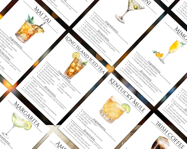 Cocktail Recipe Cards for Barcart - Cocktail Recipe Cards for Home ...