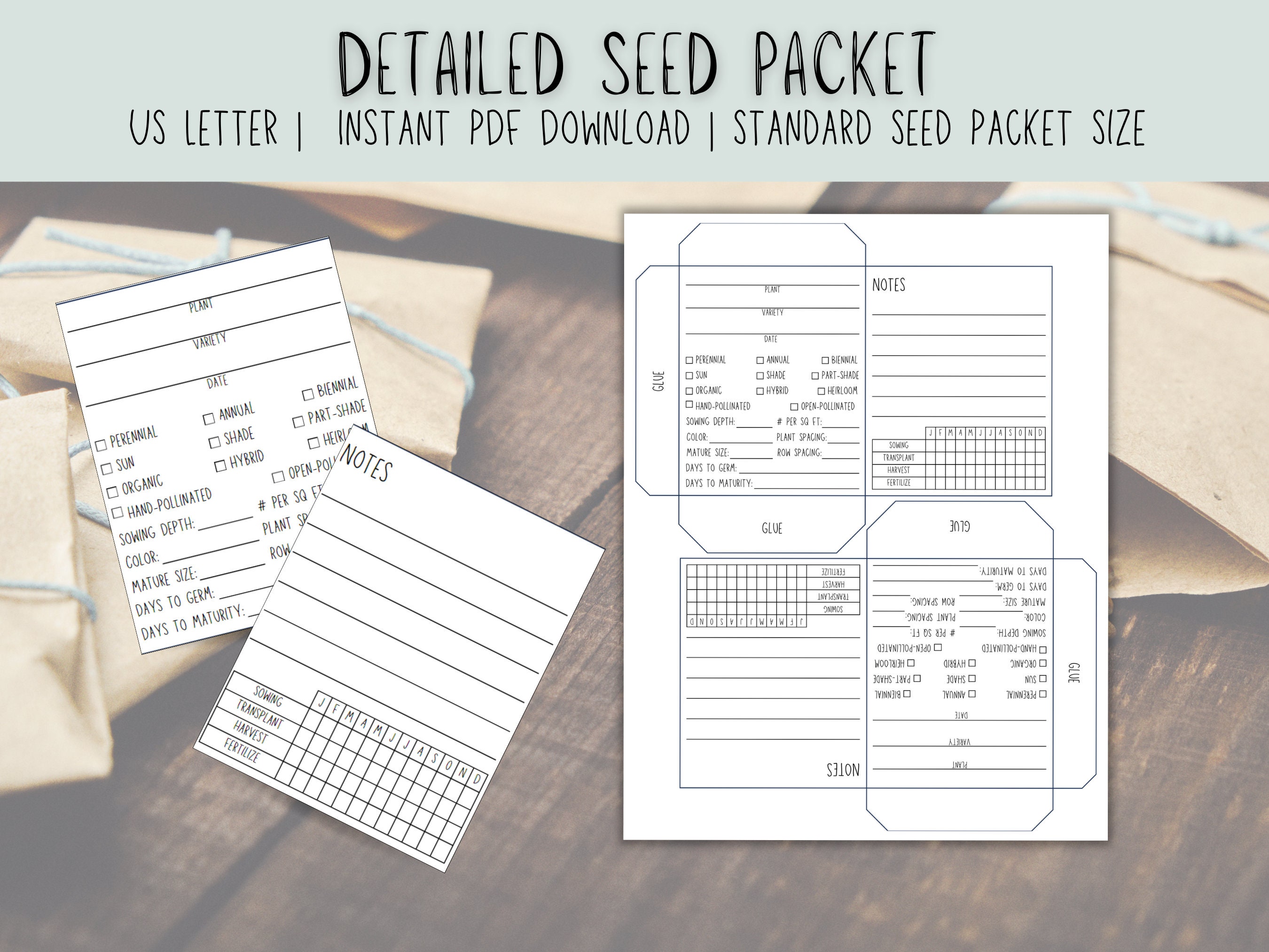 Detailed Garden Seed Packet Printable, Seed Envelope Template, Spring ...
