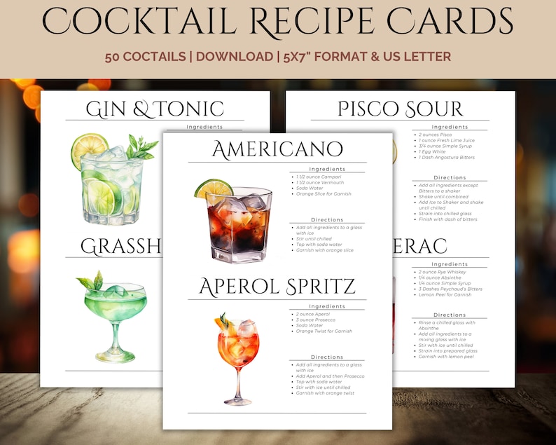 Cocktail Menu Card, Printable Recipe Cards, Modern Bar, Digital ...