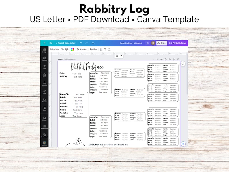 Rabbit Pedigree Chart Template Editable in Canva, US Letter Size ...