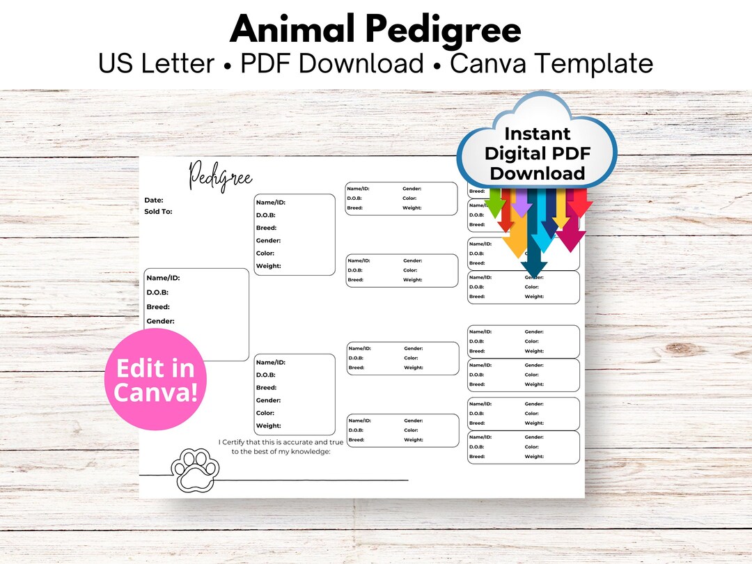 Animal Pedigree Chart Template Editable in Canva, US Letter Size ...