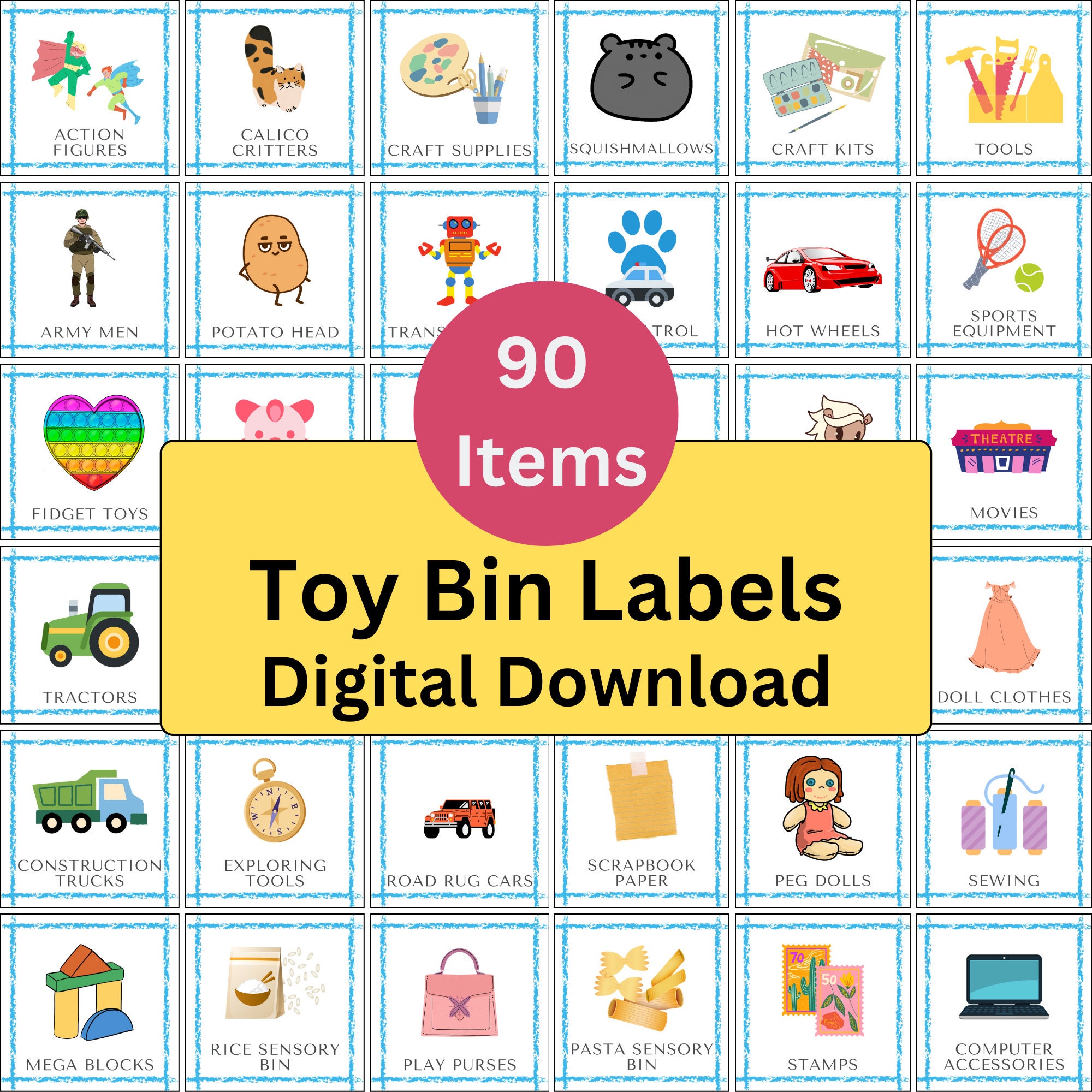 90 Toy Bin Storage Labels -4"x4"- Organize Kids Toys - Montessori ...