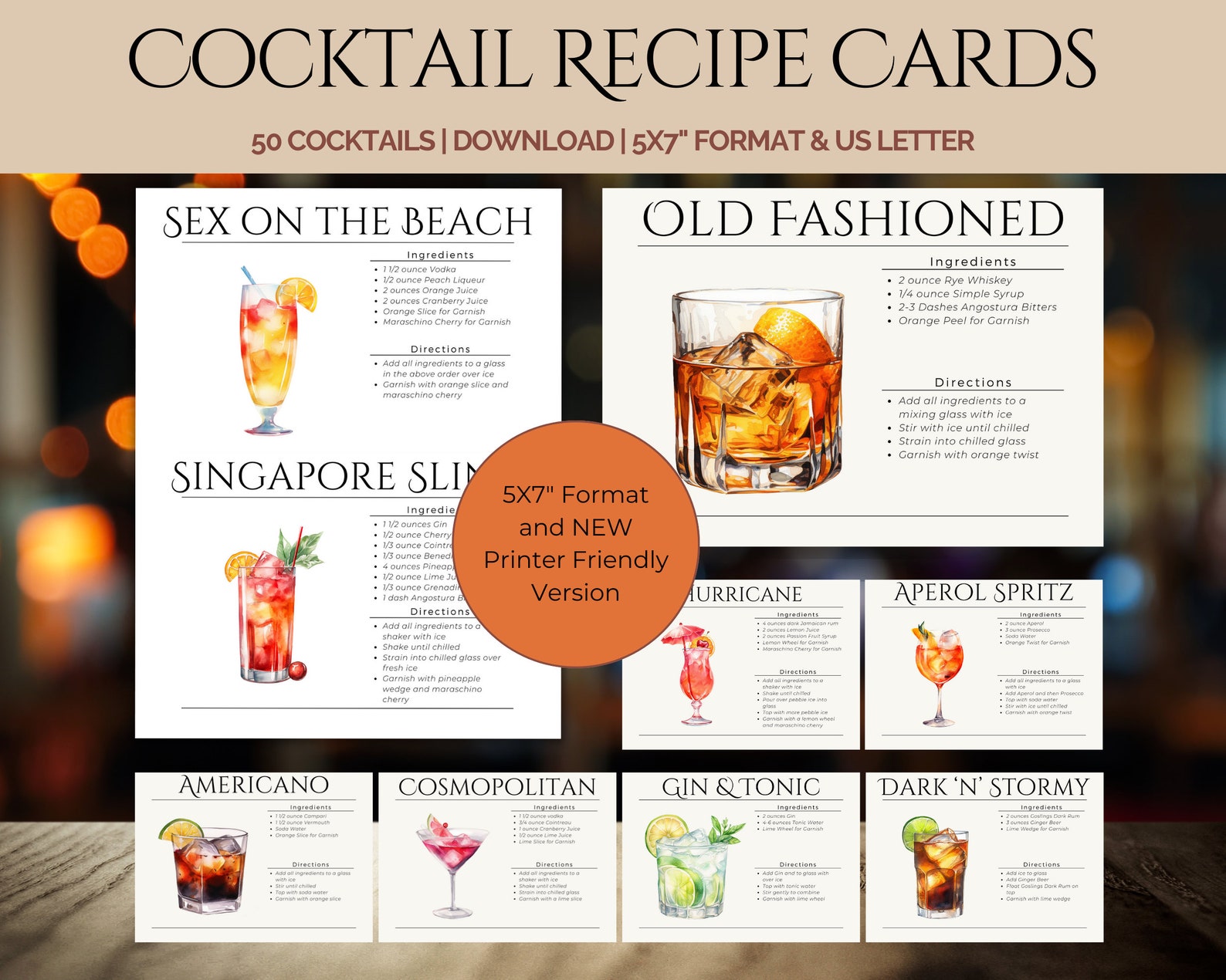 Cocktail Menu Card, Printable Recipe Cards, Modern Bar, Digital ...