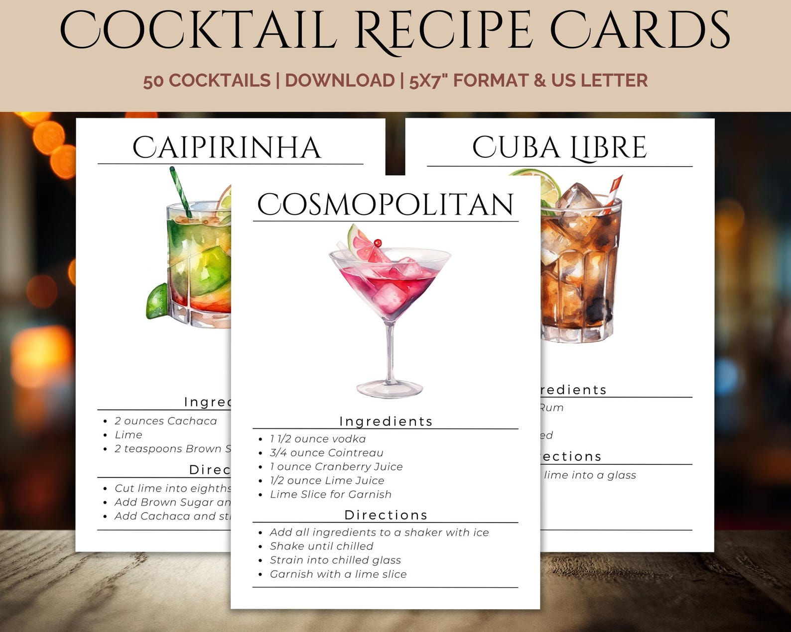 Cocktail Recipe Cards for Barcart - Cocktail Recipe Cards for Home ...