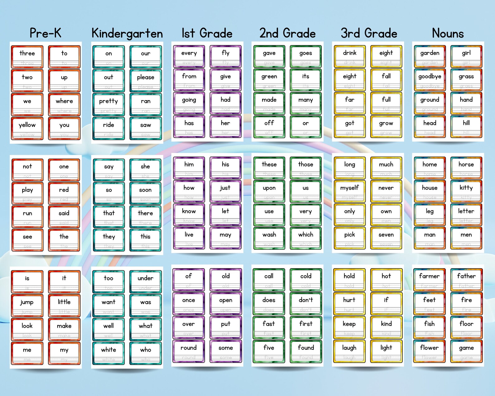 Dolch Sight Words Flash Cards - All 220 Pre-k Through 3rd Grade & Nouns ...