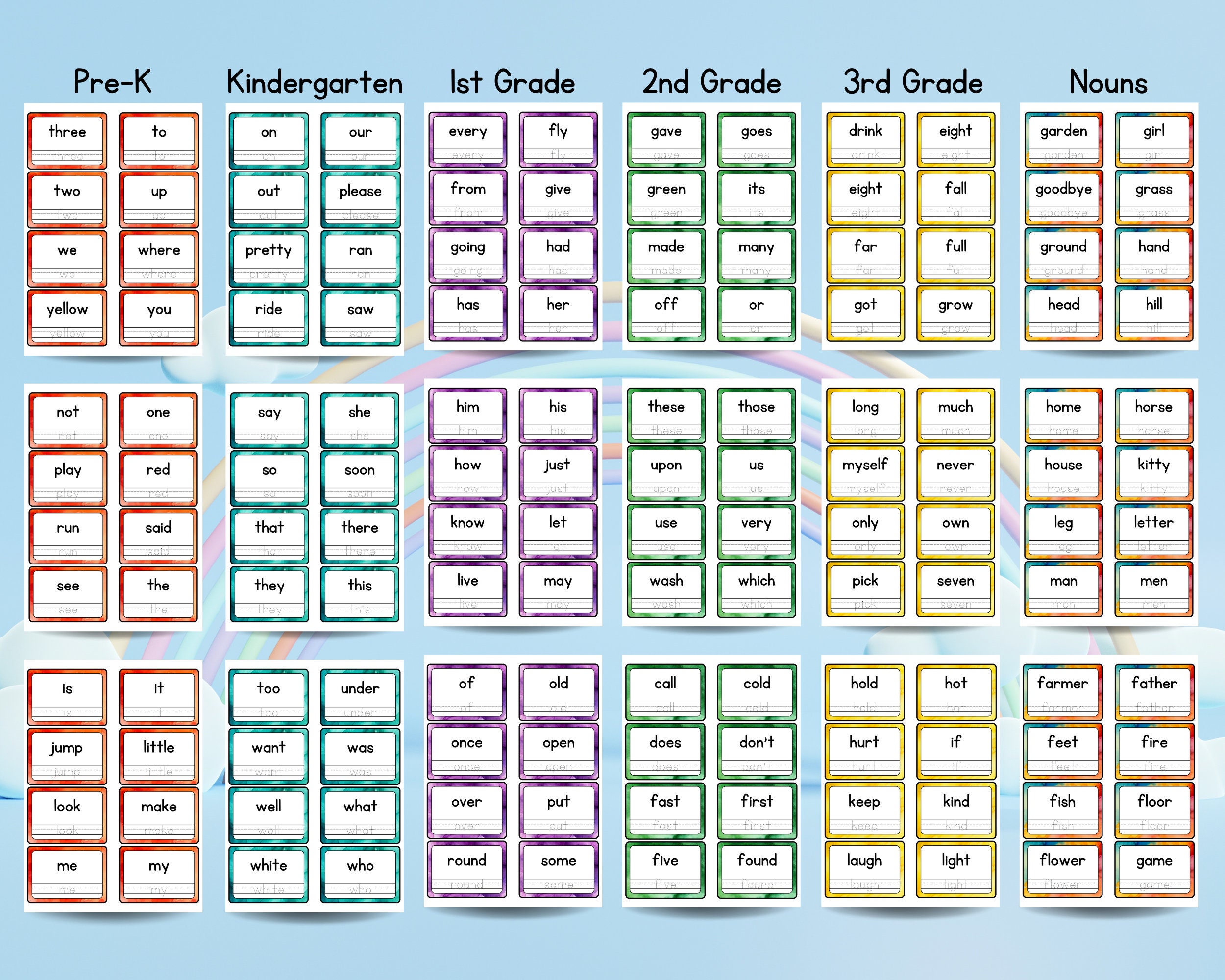 Dolch Sight Words Flash Cards - All 220 Pre-k Through 3rd Grade & Nouns ...