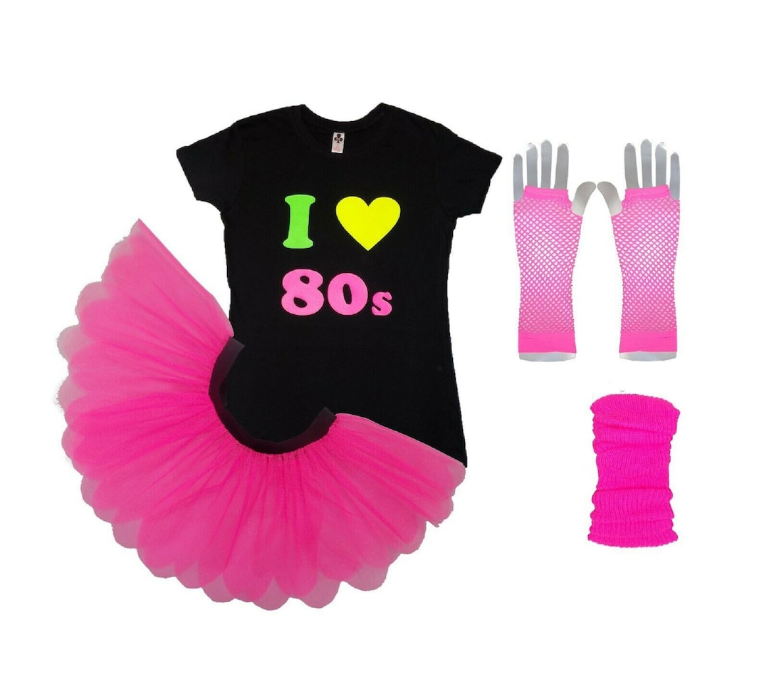 Neon 80s Costume Set - I Love the 80s T-shirt, Tutu, Legwarmers, Gloves ...