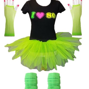 80s Neon Tutu Skirt Set, Printed T-shirt, Legwarmers, Gloves, Neon Pink ...