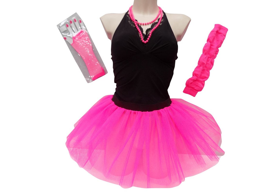 Neon Pink Tutu Skirt Legwarmes Gloves Beads 80s Fancy Dress Fun Run Hen ...