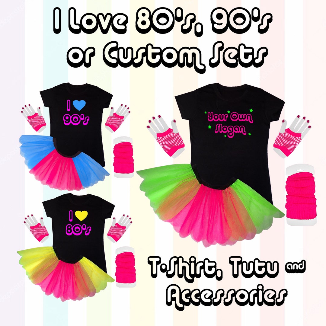 Custom I Love 80's, 90's Set Neon Pink Tutu Skirt Fancy Dress Hen Party ...