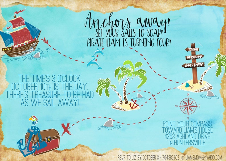Pirate Invitation Treasure Map Invite JPEG Front & Back | Etsy