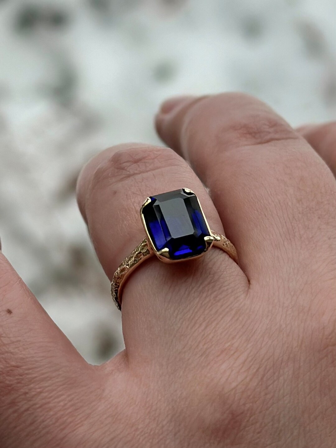 REEF: 10k Yellow Gold Ceylon Cornflower Blue Lab Sapphire Emerald Cut ...