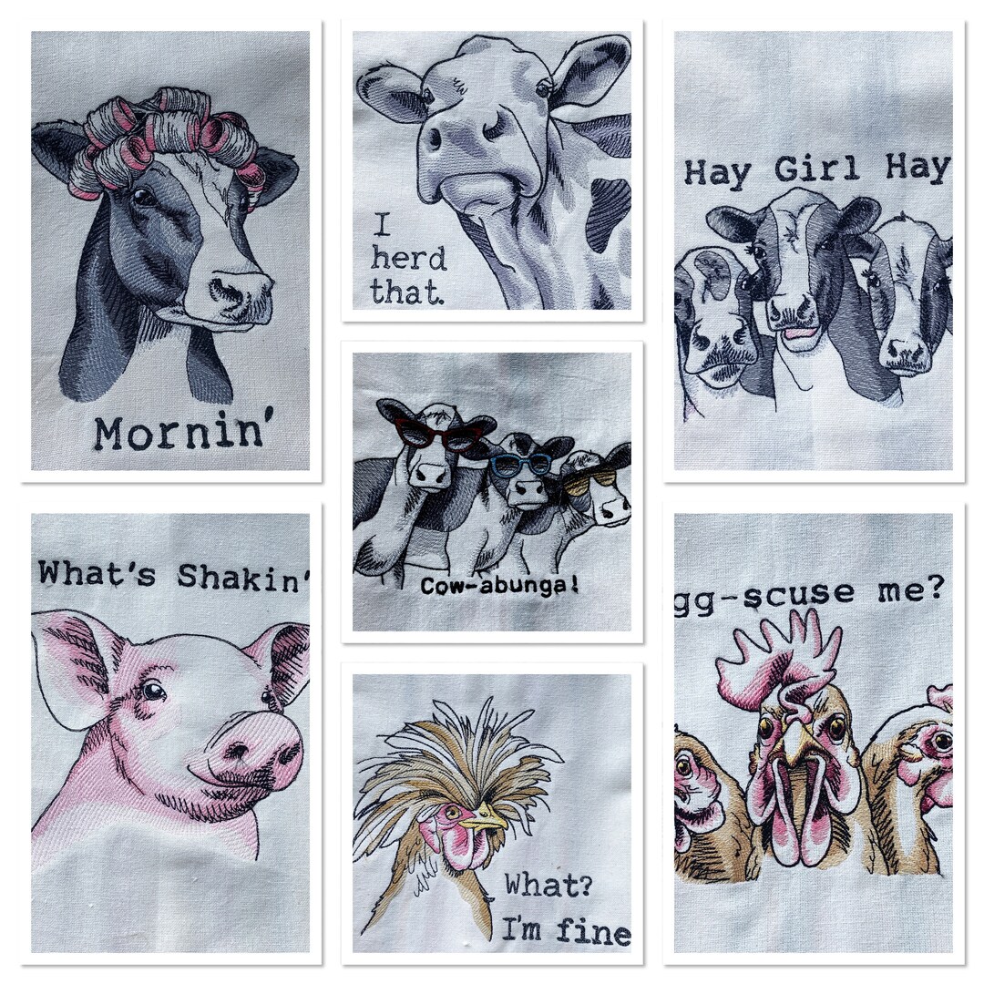 Funny Farm /country Embroidery Kitchen Towels - Etsy