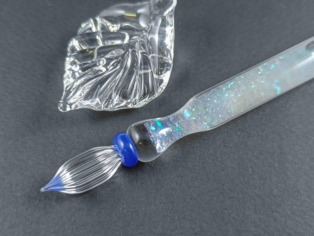 Glass Dip Pen Filled With Dichroic Glass Shards, Pen Pillow and Bottle ...