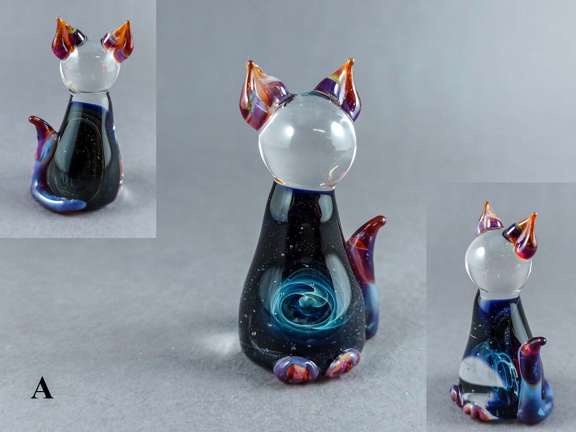 Glass Galaxy Cat Sculpture, Handmade Cat Knick Knack, Silver Fumed ...