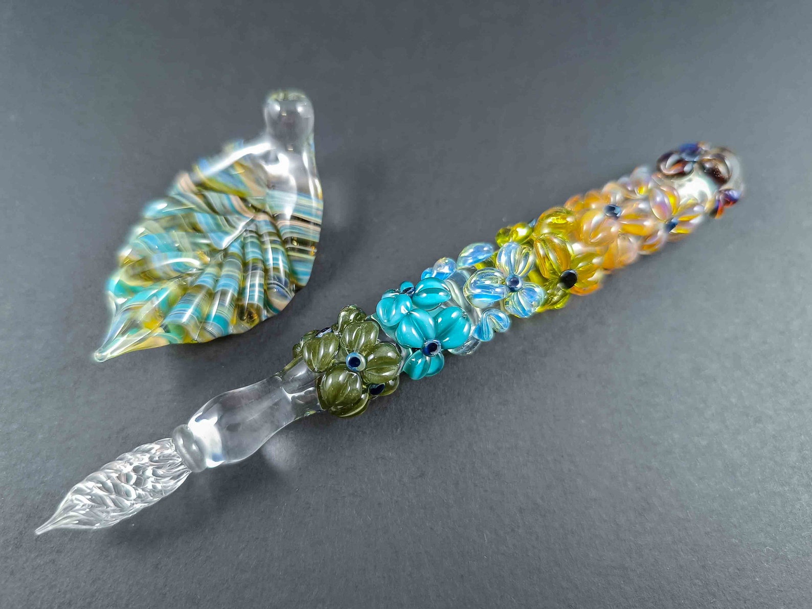 Handmade Colorful Floral Embossed Glass Dip Pen Set, Includes Leaf Pen ...