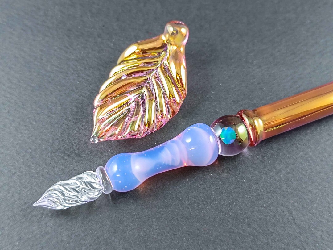 Gold and Fine Silver Fumed Glass Dip Pen With Opal, Pen Pillow, and ...
