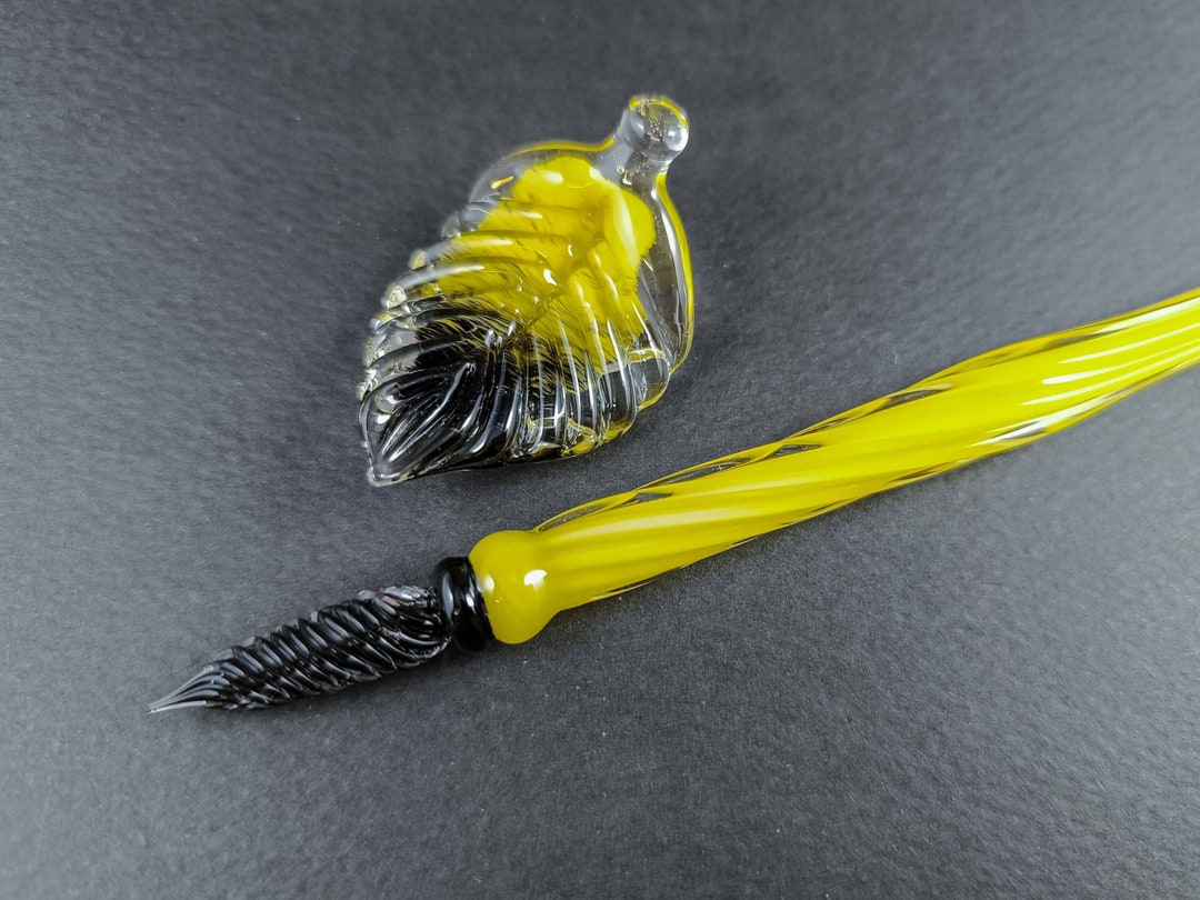 Yellow Glass Dip Pen, Pen Pillow and Bottle of Ink, Glass Art Pen ...