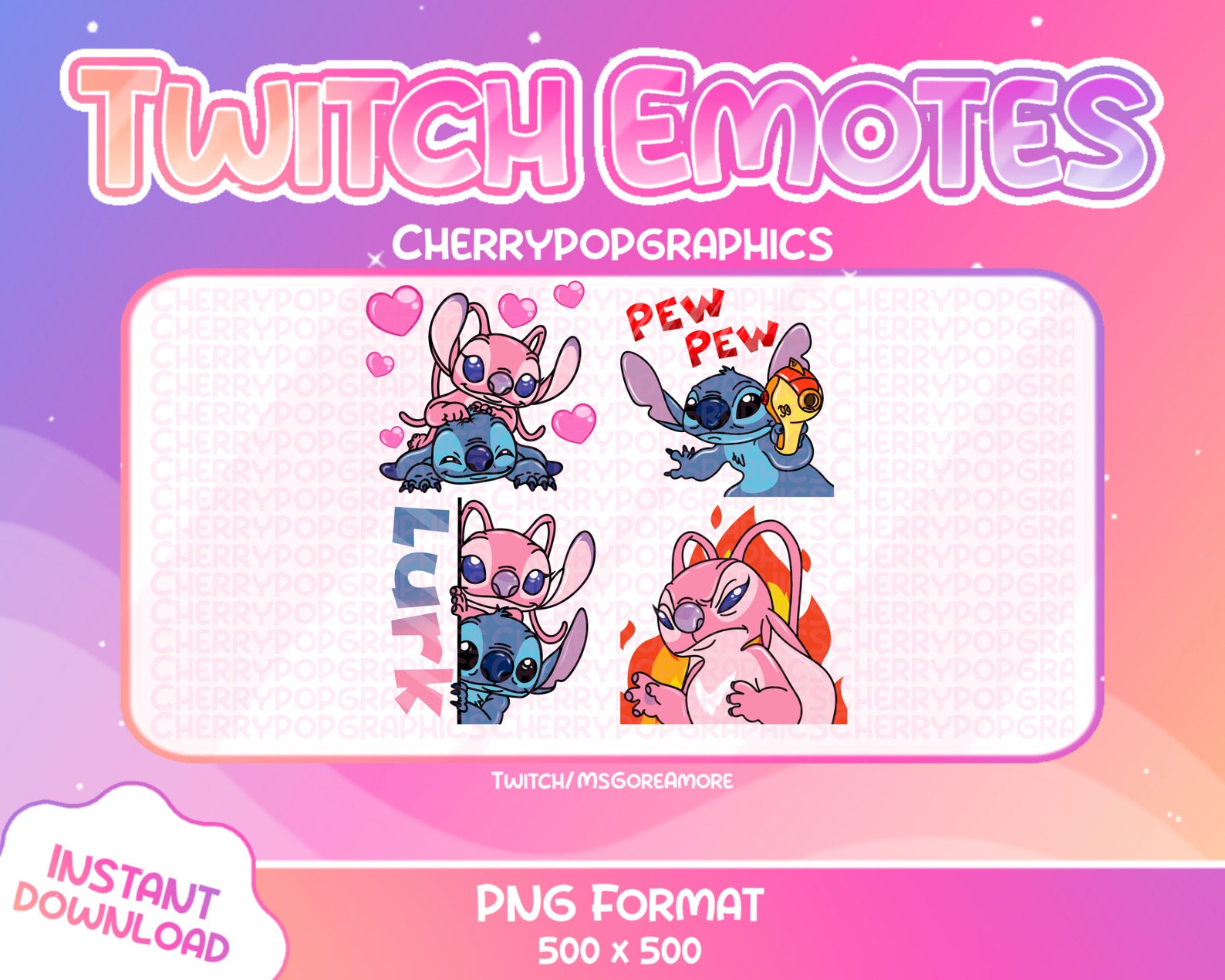 4 Pack Cute Stitch and Angel Emotes for Twitch Lurk, Pew Pew, Love ...