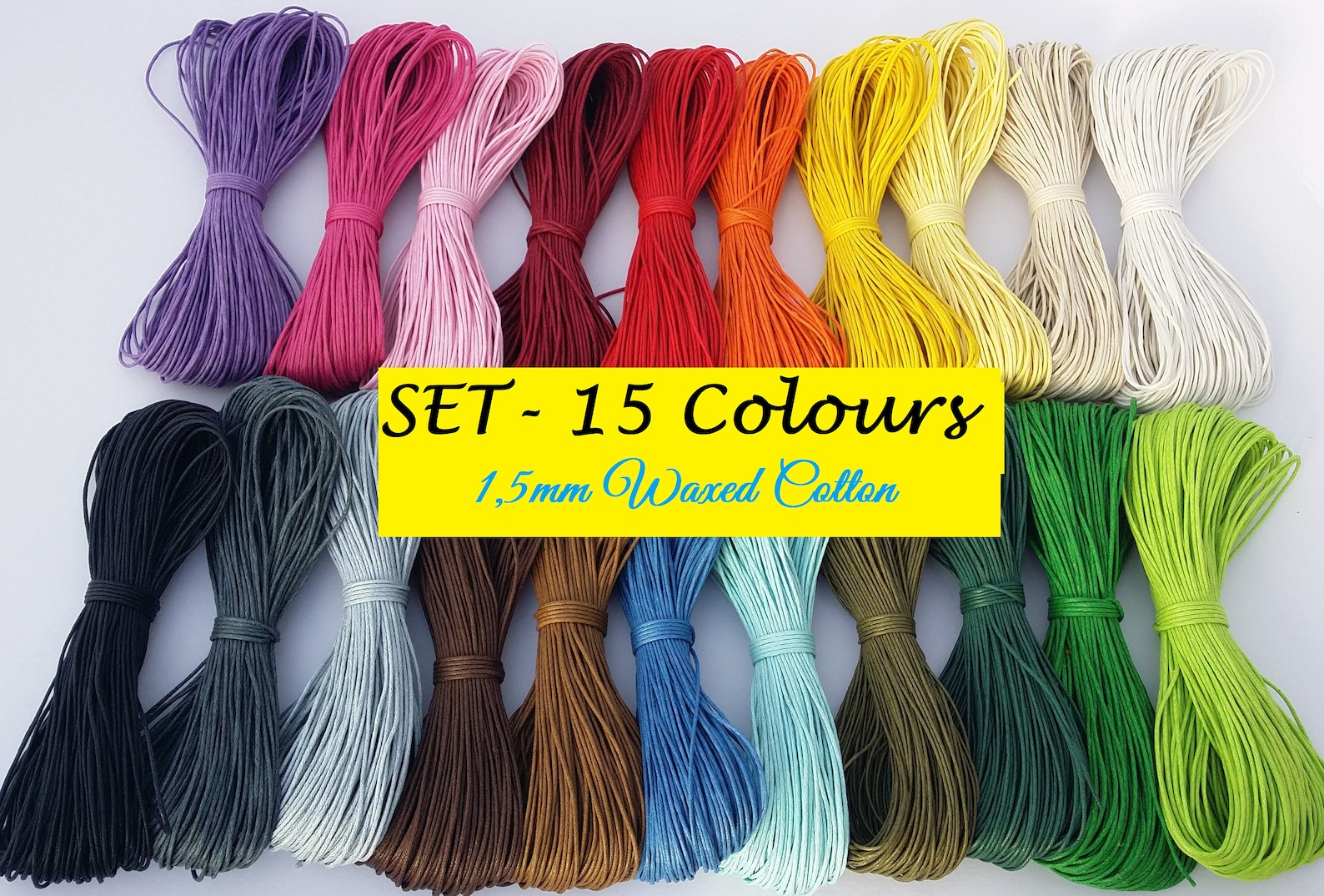 1.5mm Wax Cotton Cord, Macrame Cord Set - 15 Colours - 10 Metres of ...