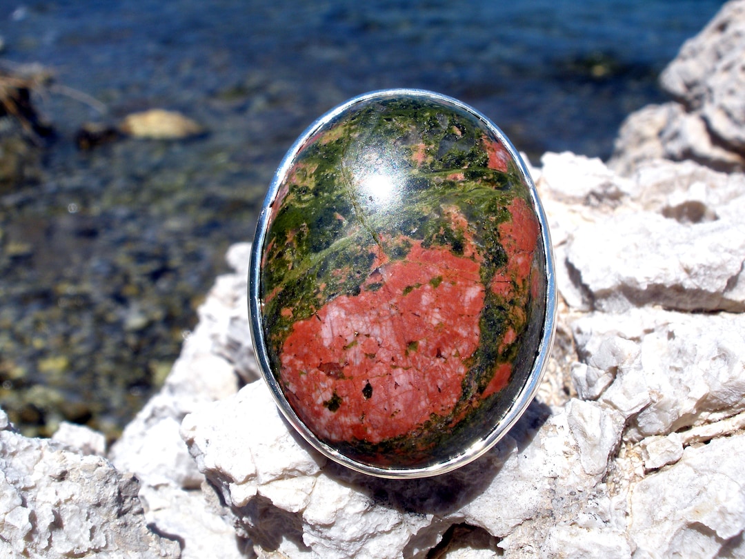 Large Unakite Ring Sterling Silver Unakite Ring Gemstone Ring Genuine ...