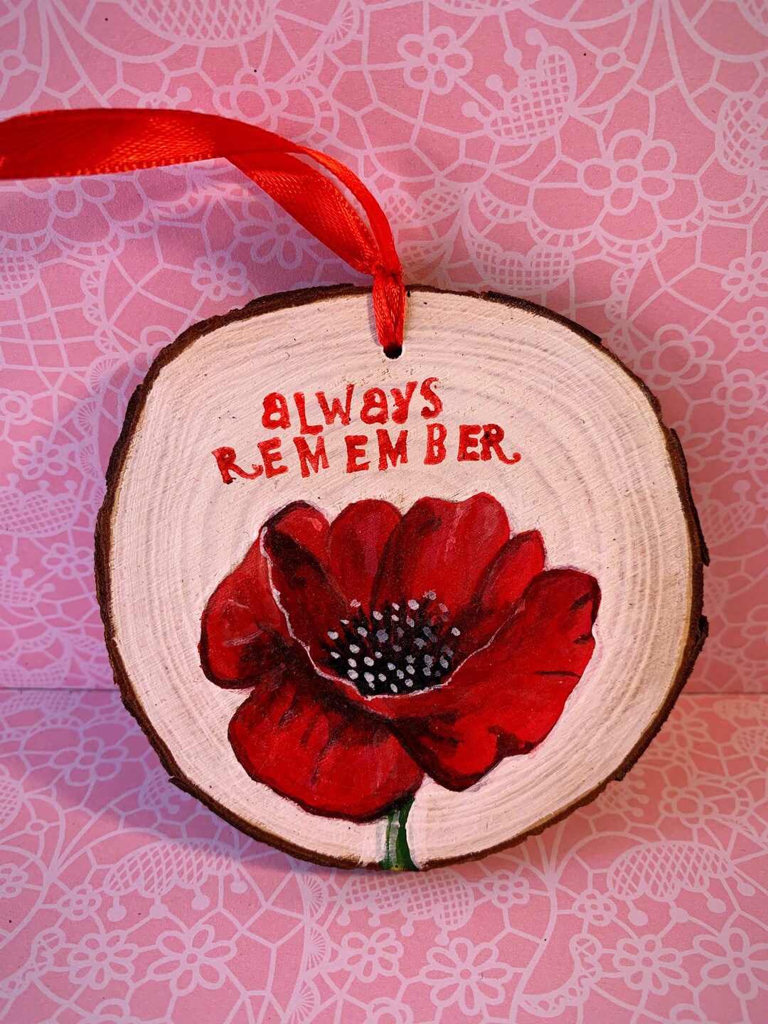 Always Remember Poppy Memorial Wood Slice Hand Painted Hanging ...