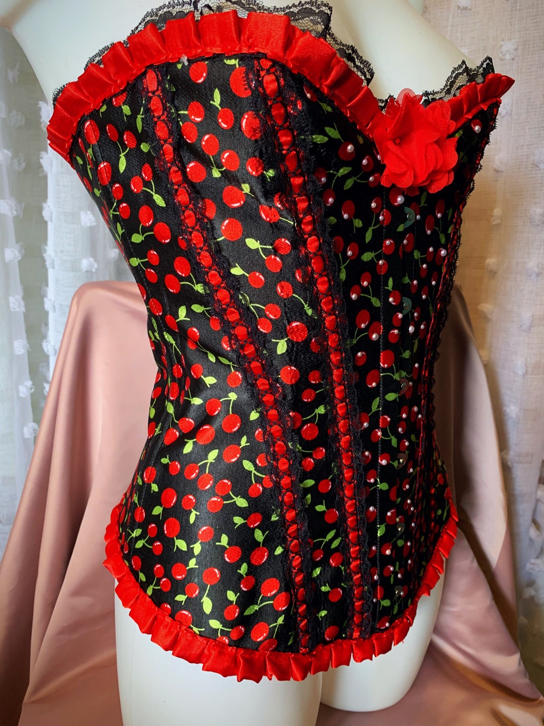 Red Cherry Cherries Satin Corset Top - Black Red Green - Size S 6/8UK ...