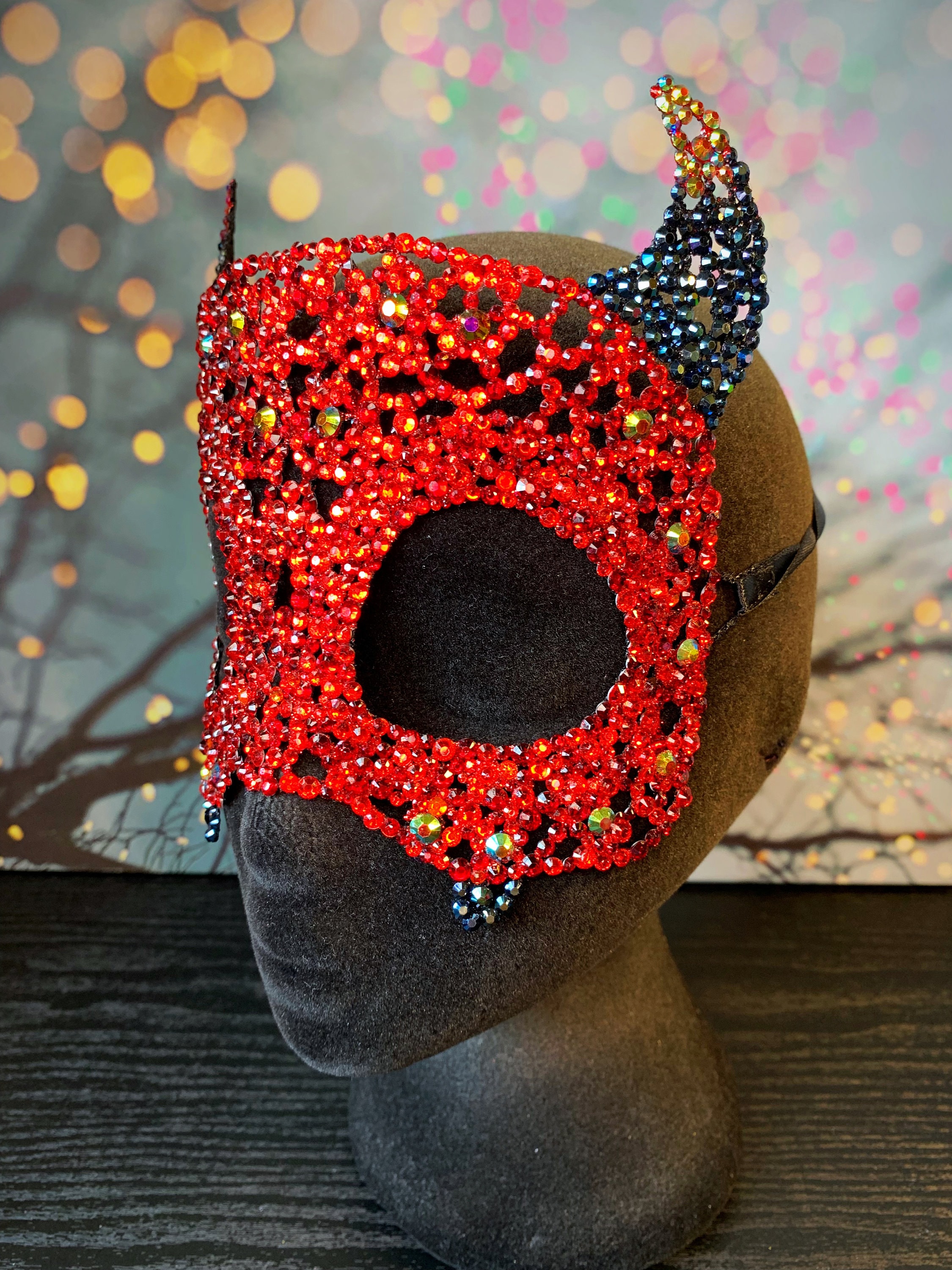 Horny Devil Masquerade Mask Black AB Red Sugar Skull Demon Crystal Gem ...