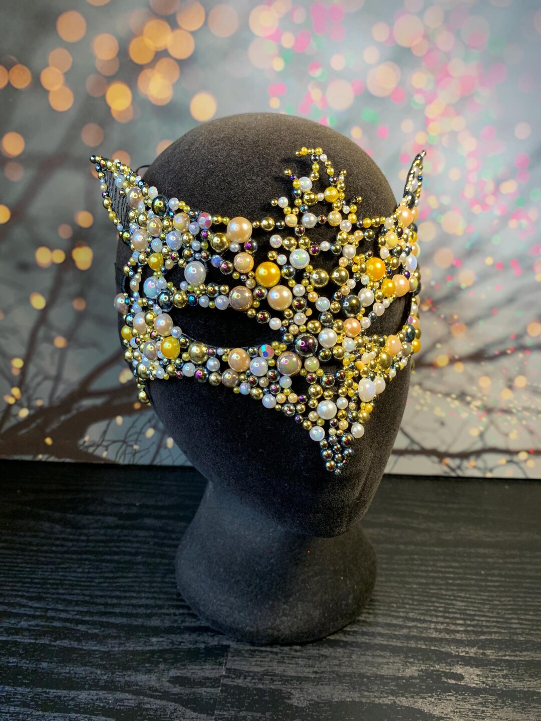 Fox Masquerade Mask - Pearl Gem Gold AB Volcano Blue Halloween Fancy ...