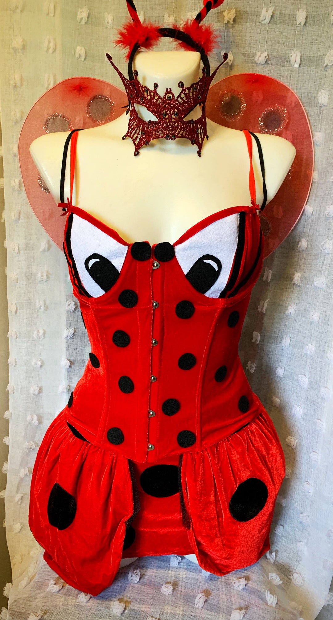 Ladybug Ladybird Costume 5 Piece Skirt Corset Wings Mask Fascinator ...
