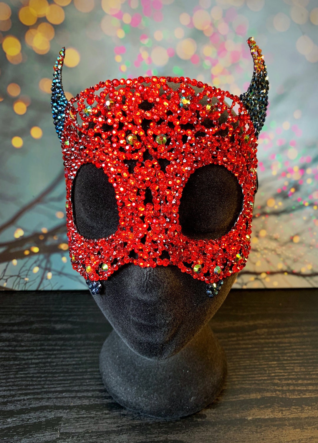 Horny Devil Masquerade Mask Black AB Red Sugar Skull Demon Crystal Gem Halloween Cosplay Costume ...