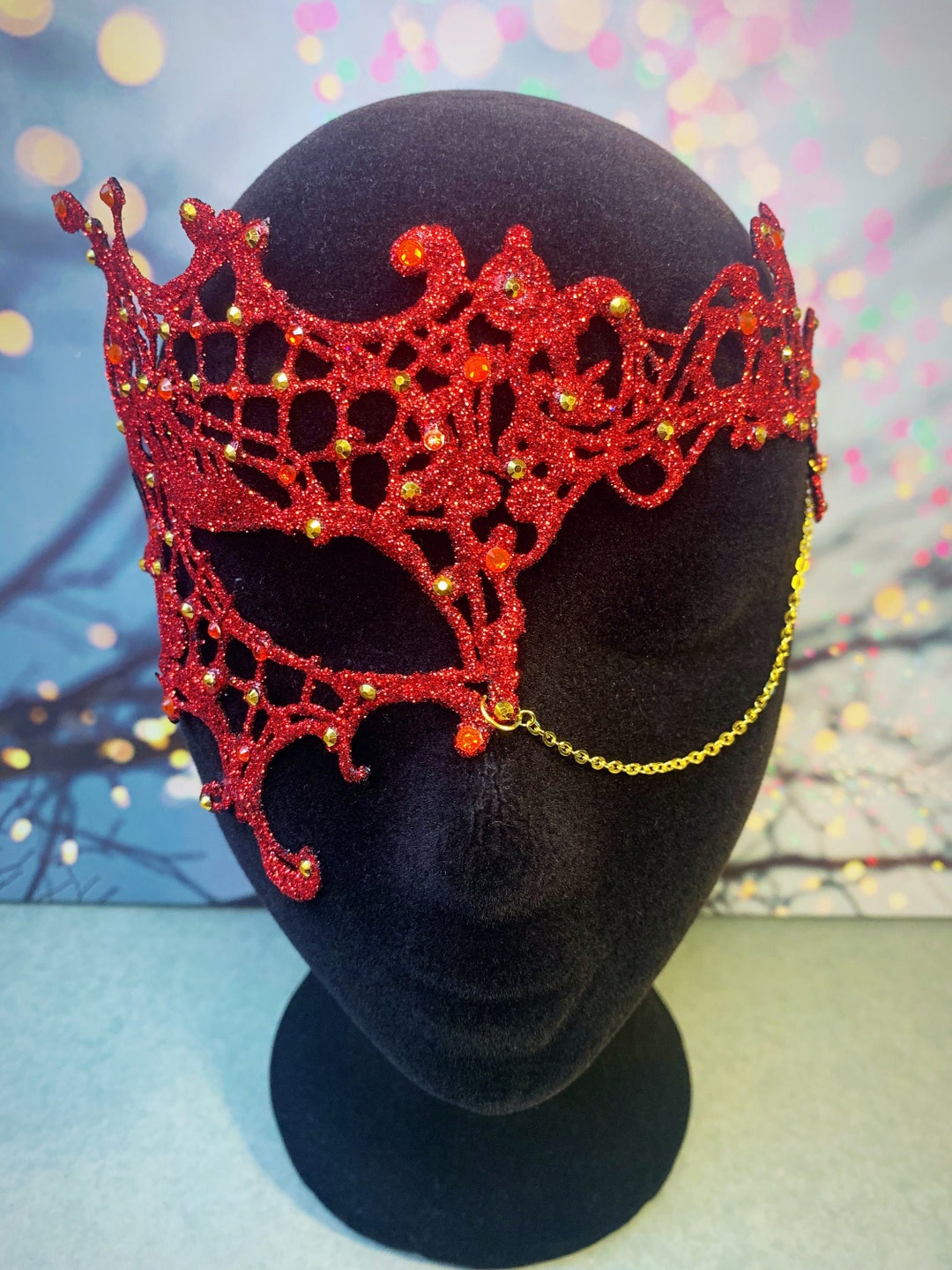 Pirate Phantom Masquerade Mask With Chain AB Black Red Gold Glitter ...
