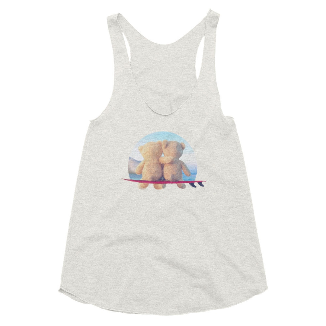 Teddy Bear Surfers Cuddling on Surf Board Women's Tri-blend Racerback ...