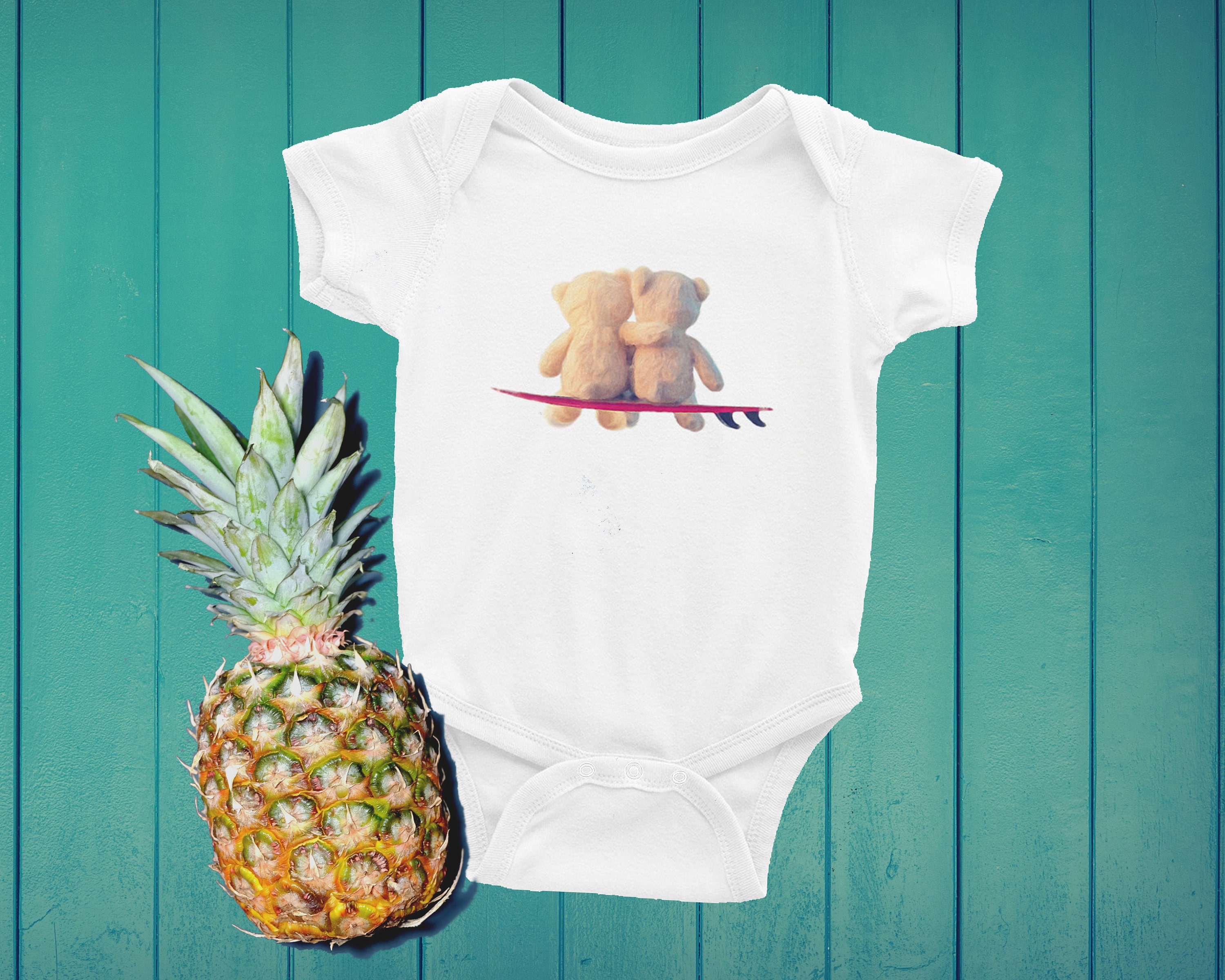 Cute Surfer Buddy Baby Romper - Two Teddies on a Surfboard, Baby Grow ...