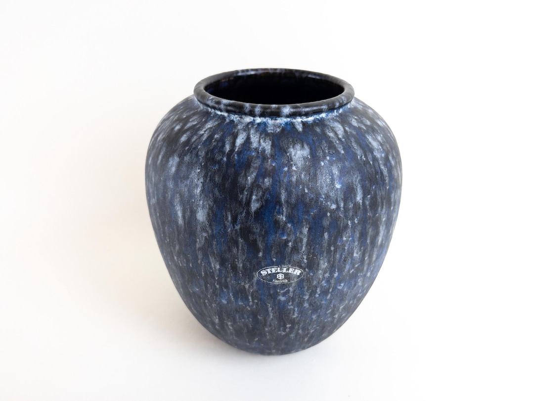 West German Pottery Vase by Steuler - Large Modern Blue Black Round ...